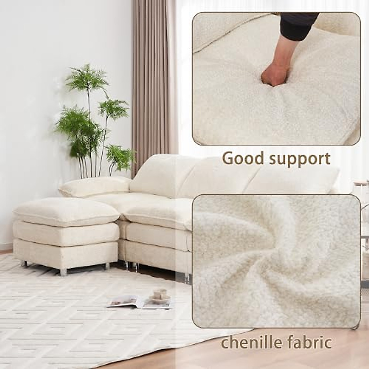 101.6" Small Modular sectional Sofa,Living Room Comfort Cloud Couch sectional, Modern Dark 3-Seater Cloud Sofa，Modular Sofa with Ottoman，Comfortable upholstered Furniture. for Apartment Office(White)