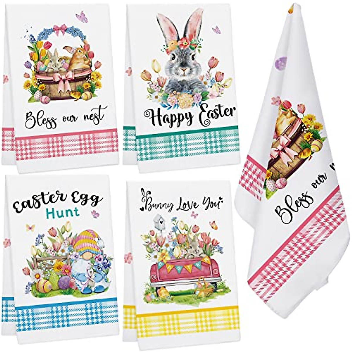 4 Pack Easter Kitchen Towels Easter Hand Towels Decorative Bunny Eggs Rabbit Towels Easter Dish Towels for Cooking Baking Drying Washing Dishes