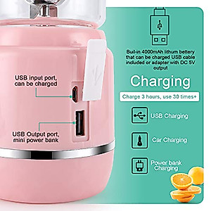 iOCSmart Portable Personal Size Blender, USB Rechargeable Mini Juicer Blender for Smoothies and Shakes with 2 Juice Cup Portable on the go Travel Sports Kitchen (Pink)