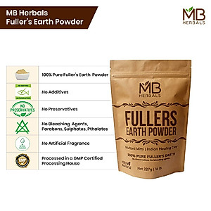MB Herbals Fullers Earth Powder 8 oz | 0.5 lb | Fuller's Earth Powder | Multani Mud Mitti | Indian Healing Clay | Bentonite Clay | 100% Pure No Added Fragrance | Natural Face Pack