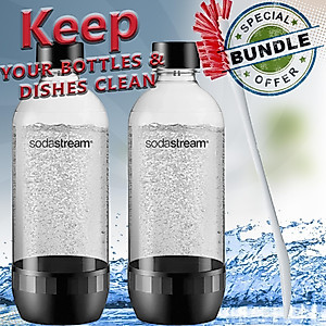 2 Pack Water Carbonating Sodastream Bottles Bundle with Deliqo 14 inch Bottle Cleaning Brush Original Soda Stream Reusable Sparkling Extra 1L 1 Liter