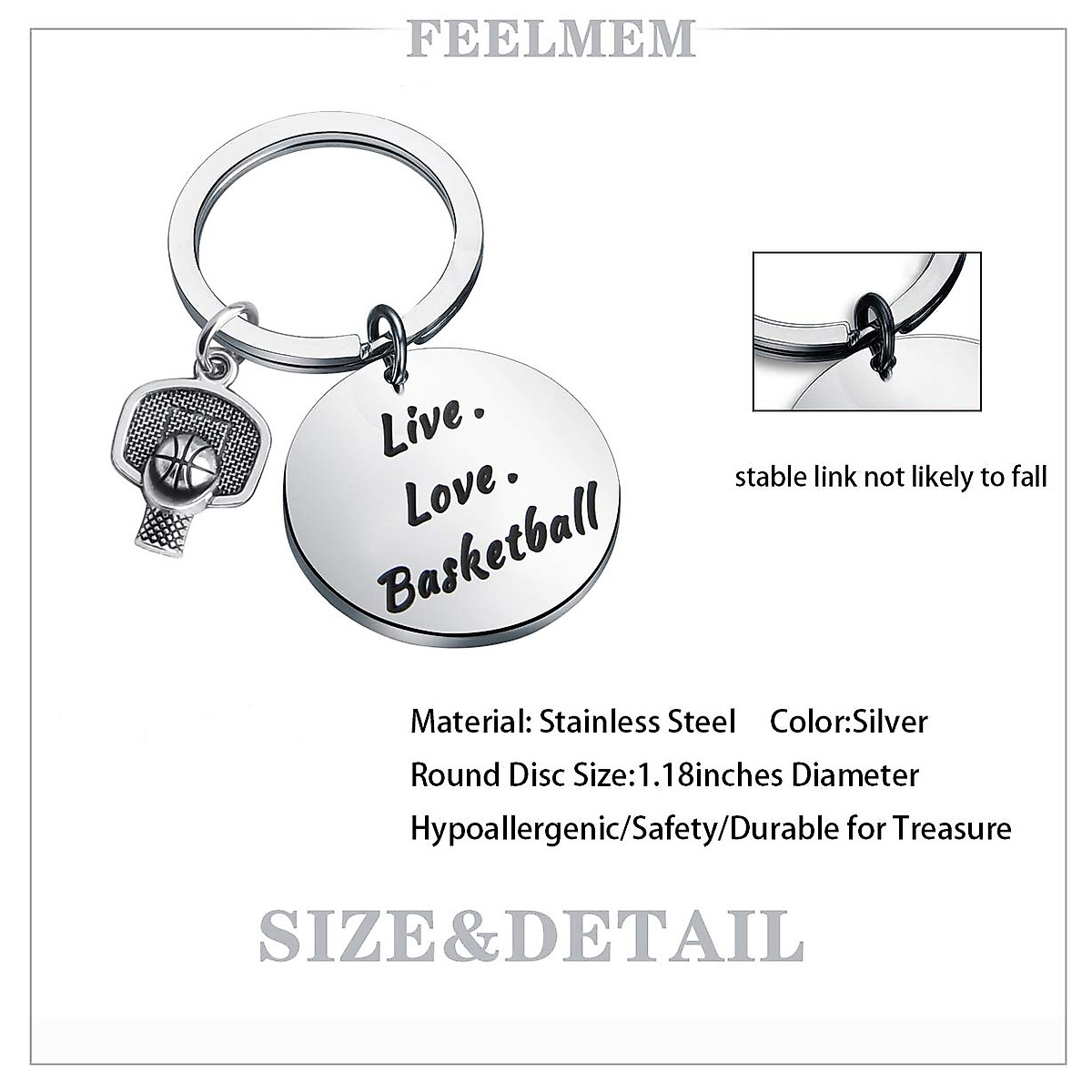 FEELMEM Sports Charms Live Love Basketball Keychain Basketball Hoop Basketball Jewelry Fitness Jewelry Keyring Gift for Players & Coaches (Silver)