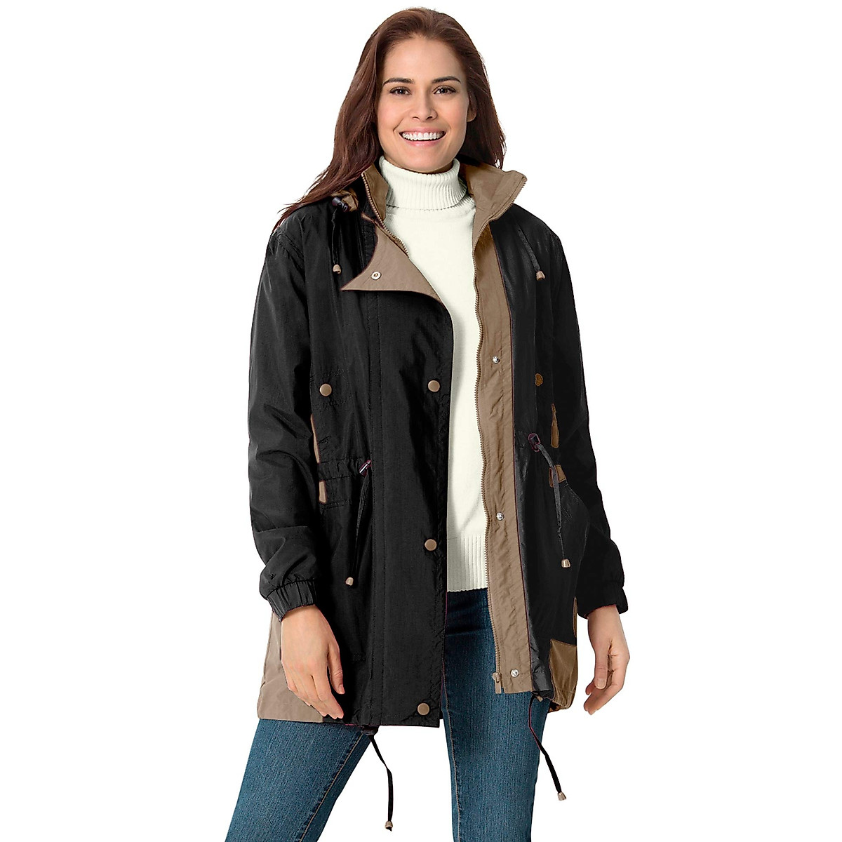 Woman Within Women's Plus Size Colorblocked Taslon Anorak - 1X, Black Bark