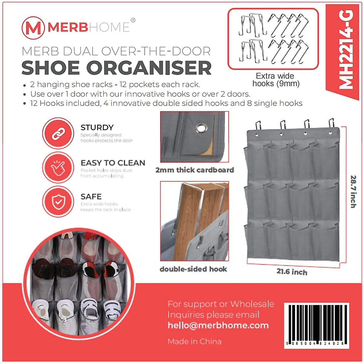 MERB Home 2 Pack Shoe Storage Organizer with Innovative Hook - Hang 2 Racks on 1 Door or on different Doors - Hanging Door Rack- 12 Pockets - Foldable Hanging Storage Organizer (3 Rows of pockets)