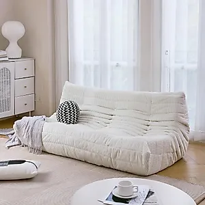 N&V Fireside Three Seater Sofa, Mid Century Armless Twin Size Floor Sofa, Soft Premium Corduroy Floor Lounge Chair, Foam Sofa Accent Chair for Living Room, Bedroom (Ivory)