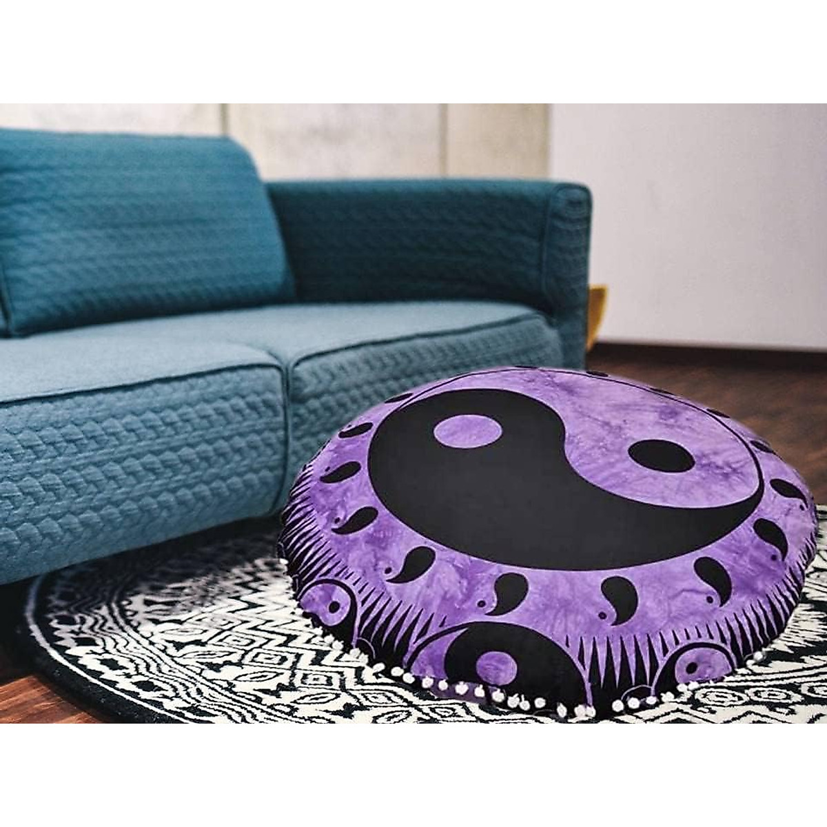 My Dream Carts 32" Floor Cushion “Cover Only” Round Yin Yang Boho Mandala Bedroom Bohemian Throw Seating Big Pillows for Yoga Balcony Garden Party Home Decor Purple (32” Pillow Cover, Without Insert)