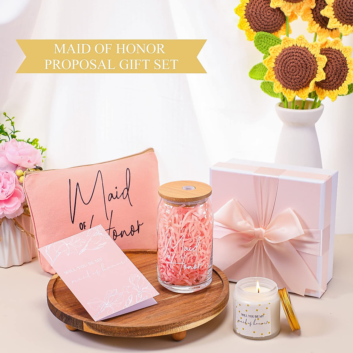 Maid of Honor Bridesmaid Proposal Gifts Box Includes Bridesmaid Glasses Maid of Honor Candle Makeup Bag Sage Wedding Invitation Cards for Bridal Party Favors