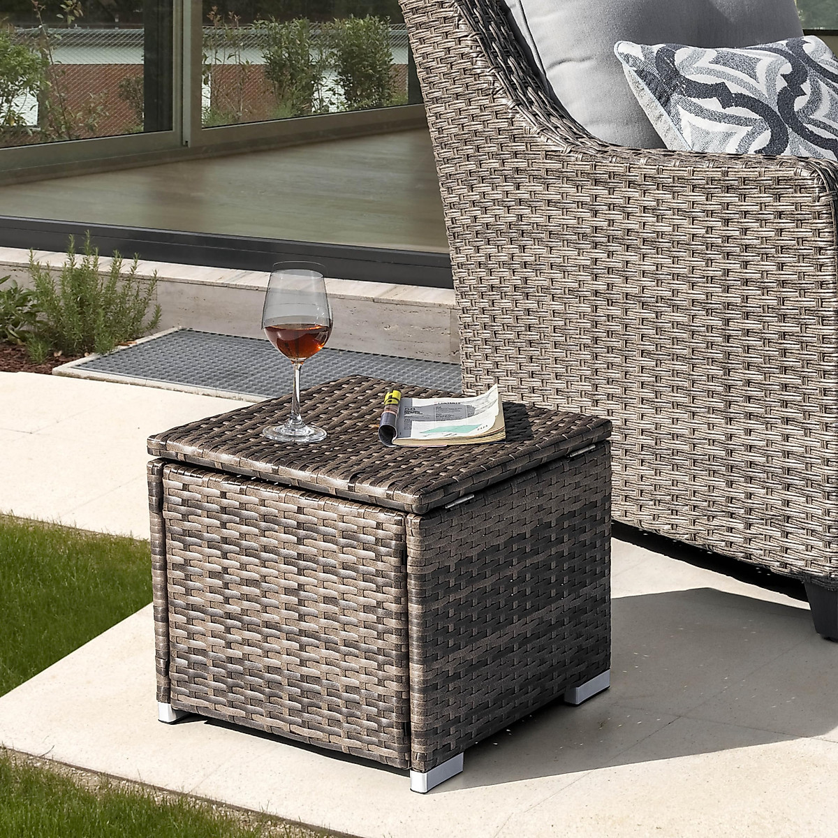 Nuu Garden 2-Piece Outdoor Patio Ottomans, All Weather Rattan Wicker Ottoman Seat with Storage, Outdoor Footstool Footrest Seat with Removable Cushion, for Patio, Backyard, Side Table, Brown and Beige