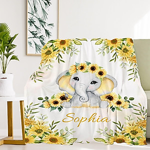 FUNDESIGN Sunflower Elephant Baby Personalized Flannel Blanket, Custom Name, Soft Cozy Plush Fleece Throw Bed Quilt, 30'x40' for Babies