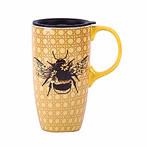 TZSSP Coffee Ceramic Mug Porcelain Latte Tea Cup With Lid 17oz. Bee