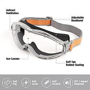 MELASA Industrial Grade Safety Goggles, Anti Fog Clear Lens Lab Goggles Fit Over Glasses for Men and Women Eye Protection