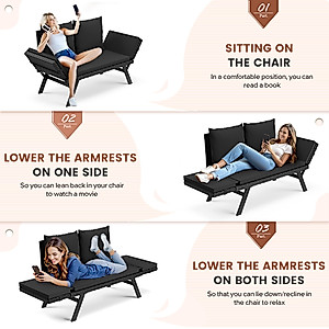 Flamaker Outdoor Convertible Sofa, Woven Rattan Patio Furniture Sunbed with Adjustable Armrests, Removable Cushions and Pillows for Patio, Porch, Pool (Black Lounger & Black Pillowcase)