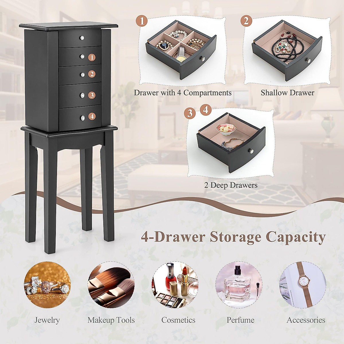 LUARANE Wooden Jewelry Cabinet, Jewelry Storage Organizer with Top Flip Mirror 4 Drawers, 2 Side Doors with Hooks and Compartments, Free Standing Jewelry Armoire with Solid Wood Legs, Black