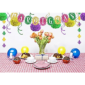Mardi Gras Party Banner Hanging Swirls, Paper Pom Poms Flowers Fleur De Lis Garland Banner - Mardi Gras Hanging Tissue Decor Banner for Party Decorations Carnival Anniversary Home Decoration Supplies