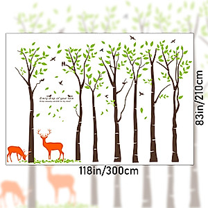 Giant Large Jungle 7 Brown Tree Wall Decal DIY Removable Vinyl Sticker Green Leaf Leaves Birds and Deer Wallpaper for Kids Girl Boy Bedroom Living Room Nursery Rooms Home Offices Walls 118" x 83"