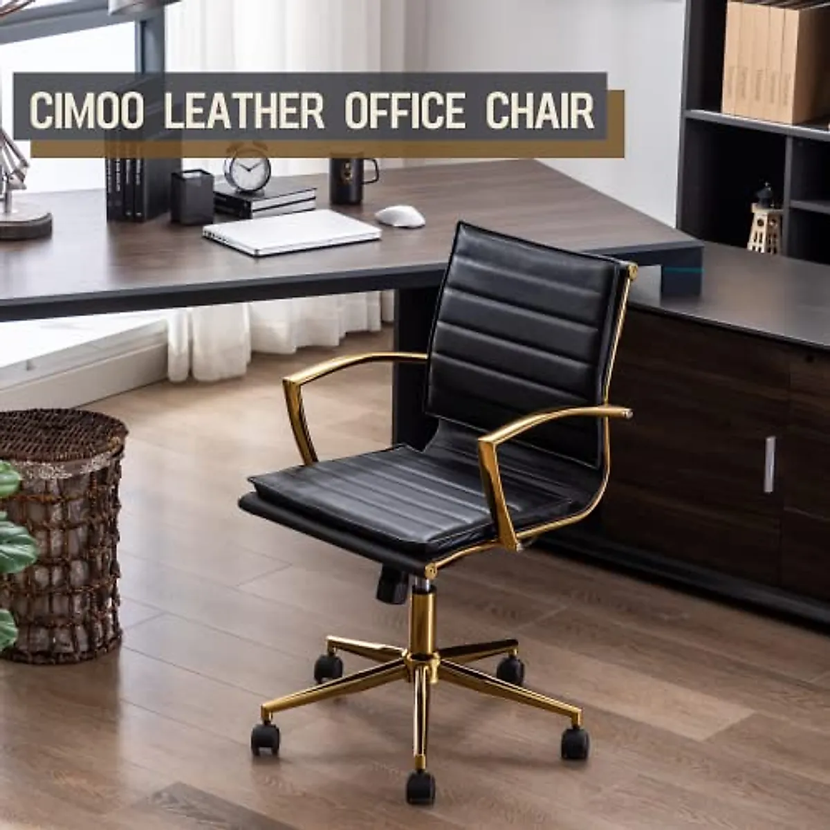 CIMOO Black Leather Office Chair Small Desk Chair Gold Executive Office Chair with Wheels Swivel Arm Chair Retro Task Chairs