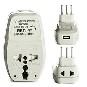 OREI 3 in 1 Italy Travel Adapter Plug with USB and Surge Protection - Grounded Type L - Italy & More - CE Certified - RoHS Compliant WPU-L-GN