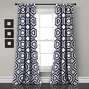 Lush Decor, Navy Octagon Blocks Room Darkening Window Curtain Panel Pair, 84" x 52", 0