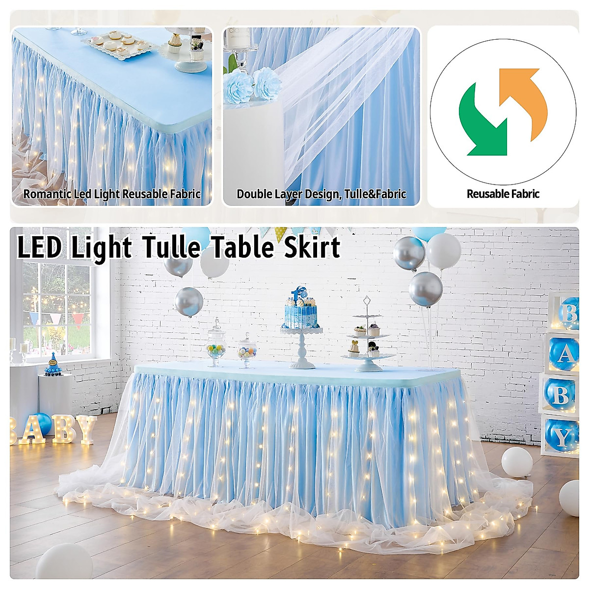 leegleri Baby Blue Tulle Table Skirt for Baby Shower,6FT Blue Ruffle Tutu Table Skirt with LED Light for Elephant Birthday Party Ocean Baby Shark Gender Reveal Cake Table Decorations