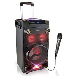 Pyle Portable Wireless Bluetooth Karaoke PA Loud speaker - 8'' Subwoofer Sound System with DJ Lights, Rechargeable Battery, FM Radio, USB / Micro SD Reader, Microphone, Remote - PWMA335BT
