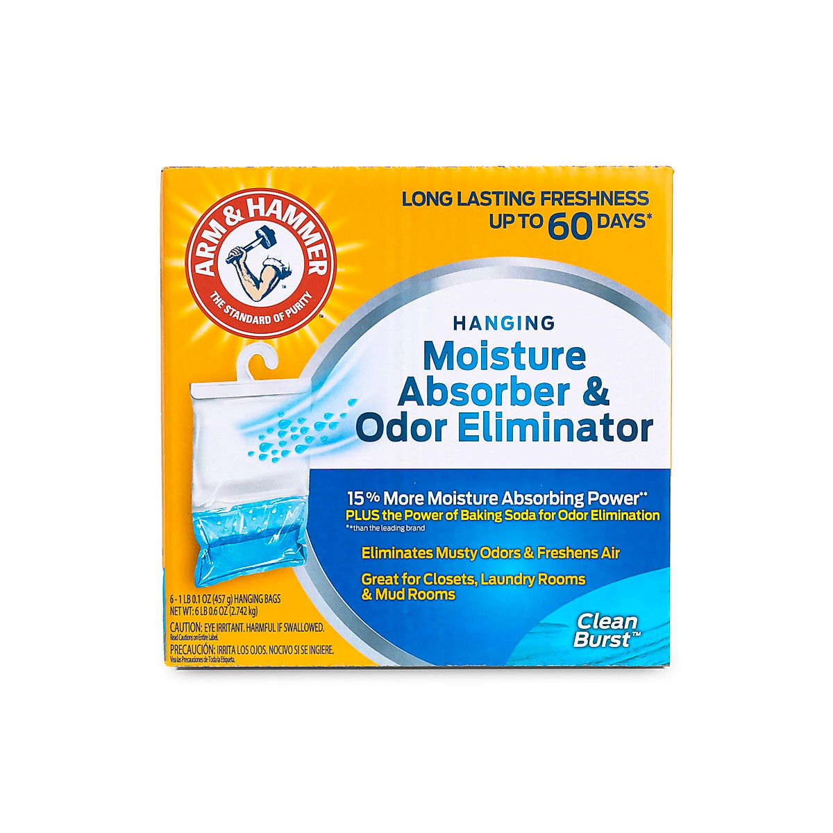 Arm & Hammer Hanging Moisture Absorber and Odor Eliminator, 16.1 oz., 6 Pack, Clean Burst, Moisture Absorbers for Closet and Small Rooms, Long-Lasting Freshness