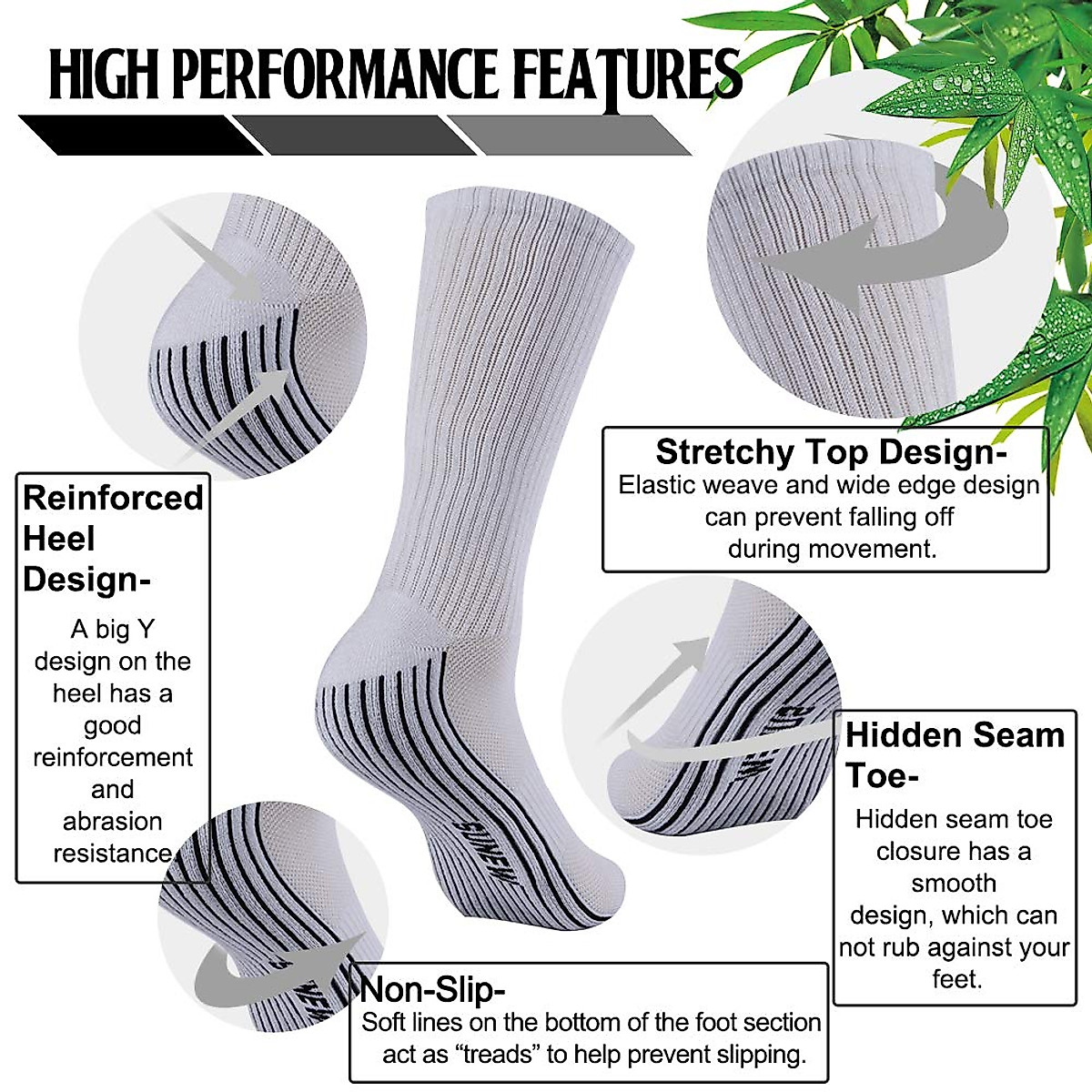 Sunew Crew Dress Socks, Bamboo Men Casual Wicking Cushioned Long Hiking Athletic Mid Calf Socks for Indoor Outdoor Workout Running Basketball Hiking 3 Pack White M