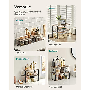 SONGMICS Cabinet Organizer Shelf, Set of 4 Kitchen Counter Shelves, Kitchen Storage, Spice Rack, Stackable, Expandable, Metal and Engineered Wood, Ink Black and Heather Greige UKCS022X02