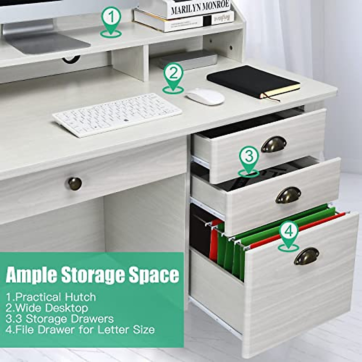 Tangkula White Desk with 4 Storage Drawers & Hutch, Home Office Computer Desk Vintage Desk with Storage Shelves, Wooden Executive Desk Writing Study Desk (White)