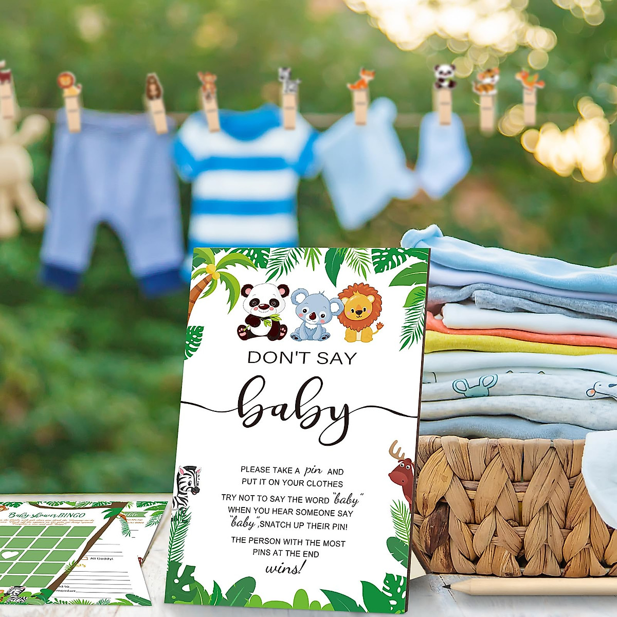 Patelai 321 Pcs Baby Shower Games Supplies, 5 Sets (50 Cards Each) Activities Cards with 20 Pencils 1 Don't Say Baby Sign 50 Clothespin(Jungle Style)