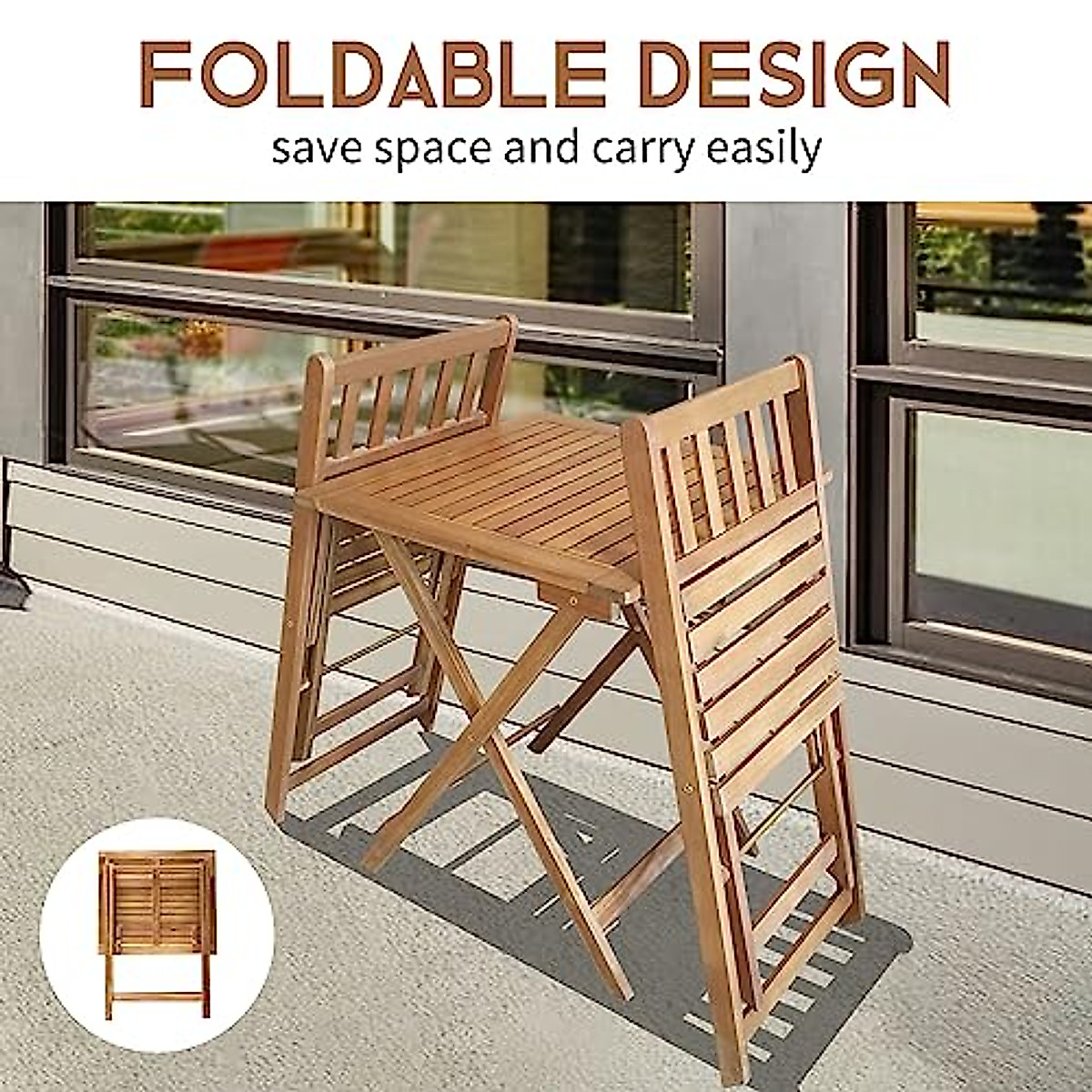 BLKMTY Patio Bistro Set 3-Piece Outdoor Patio Furniture Sets Folding Table and Chairs Acacia Wood Bistro Set Balcony Cafe Table Square Patio Table Chair for Front Porch, Garden, Deck, Backyard