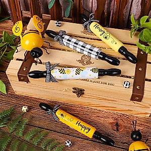 Whaline 4Pcs Honey Bee Mini Rolling Pins Bee Tiered Tray Decor with Bow Black Yellow Home Kitchen Wooden Farmhouse Bee Happy Decoration Table Centerpiece for Shelf Mantelpiece