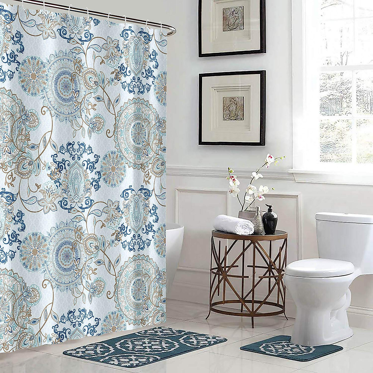Neasow Teal and White Shower Curtain, Watercolor Floral Bathroom Curtain Light Blue Paisley Design Shower Curtains Aqua 72×72 inches