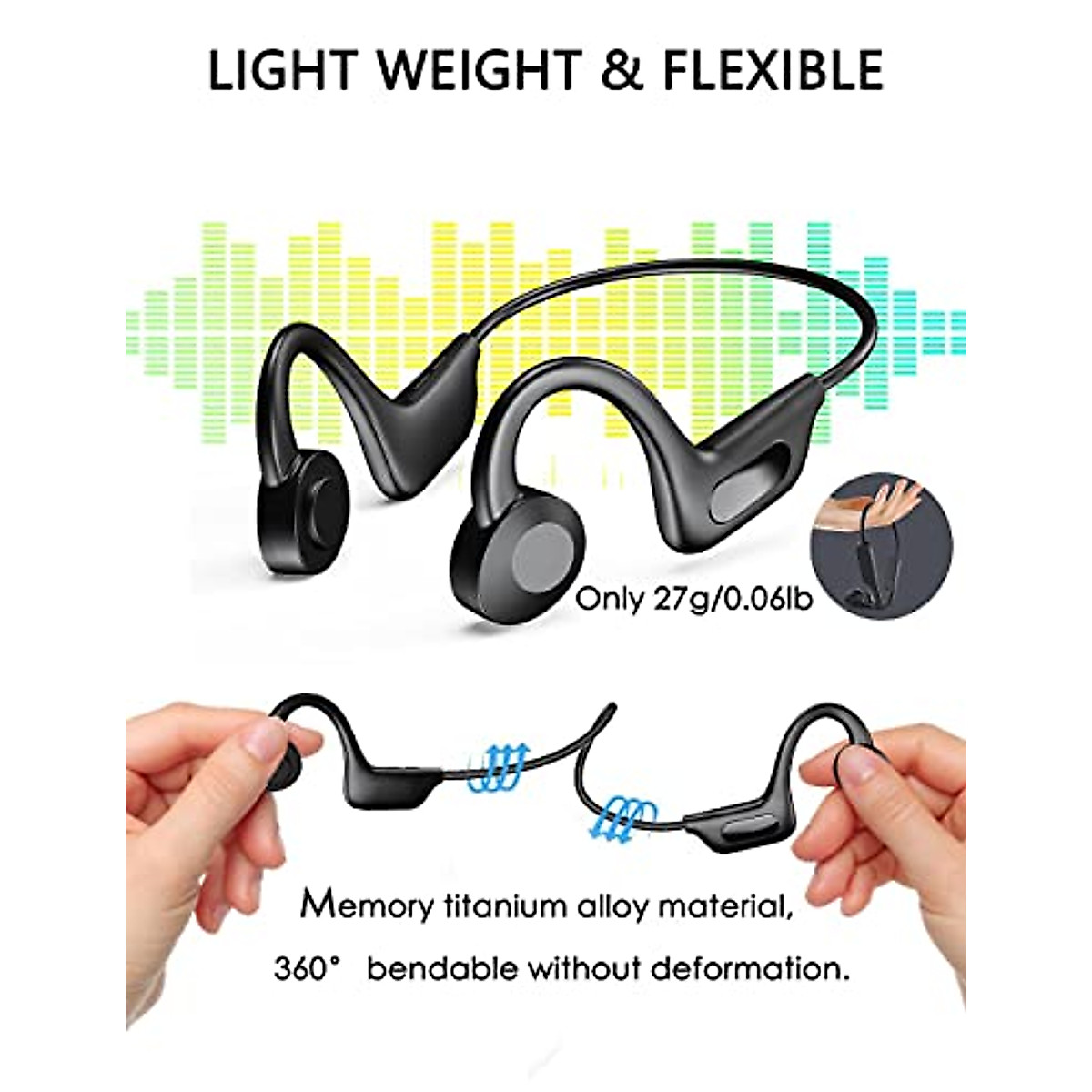 Gorbiller Bone Conduction Headphones,Open Ear Bluetooth Wireless Headphones with Microphone,Noise Canceling Sweatproof Ultralight Workout Headphones for Running,Working,Cycling,Driving,Gym (Black)