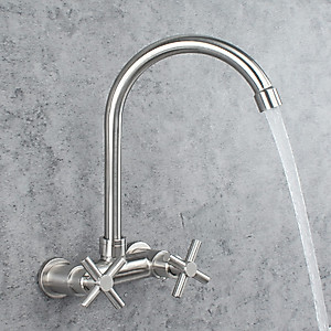 UMANYI Commercial Kitchen Faucets Wall Mount 4 inch Center Stainless Steel Brushed Nickel Utility Laundry Sink Faucet RV Faucet with High Arc Spout 2 Handle SSKF09-3