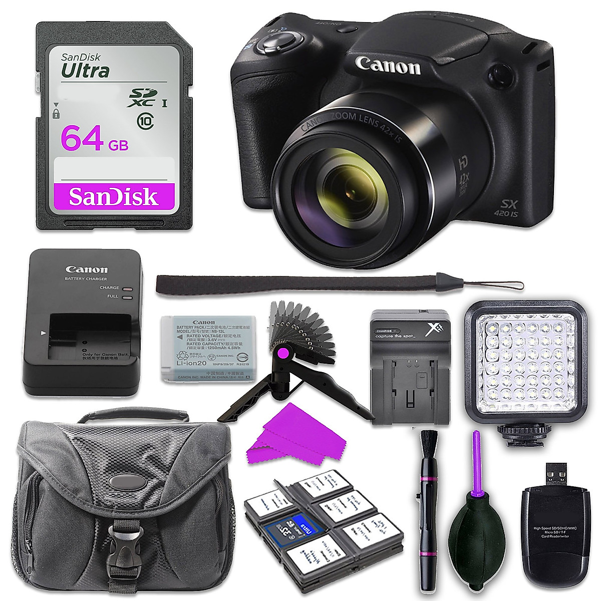Canon PowerShot SX420 is (Black) with 42x Optical Zoom and Built-in Wi-Fi with 64GB SD Memory Card + Mini Stable Tripod and Grip + LED Video Light Accessory Bundle