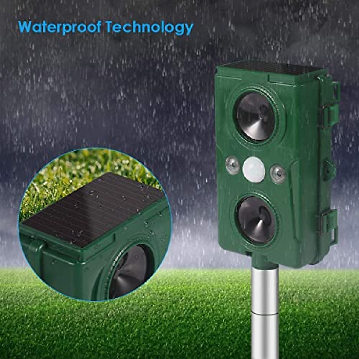 GOTSEVEN Ultrasonic Dog Chaser, Outdoor Solar Animal Deterrent, Motion Sensor and Flashing Lights Solar, Outdoor Waterproof Farm Garden Paddock, Dog, Cat, Bird, Squirrel, Green