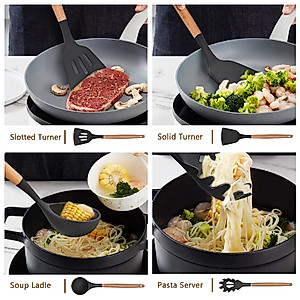 Leonyo 20 PCS Kitchen Utensils Set with Holder, Silicone Cooking Utensil Set Plus Metal Spatulas, Kitchen Gadgets Tools with Spatulas, Turners, Spoons, Tongs, Wooden Handle, Black