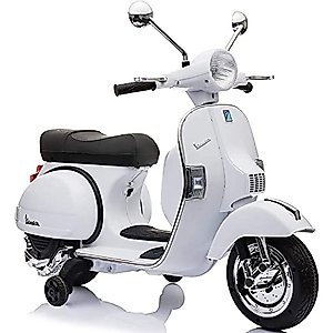 Best Ride On Cars Vespa Scooter, 12V Battery Powered Ride On Car - Electric Scooter for Kids with Leather Seat, Real Lights & Sounds, USB/AUX/SD Slot, Ages 2-5 Years Old, White, Large