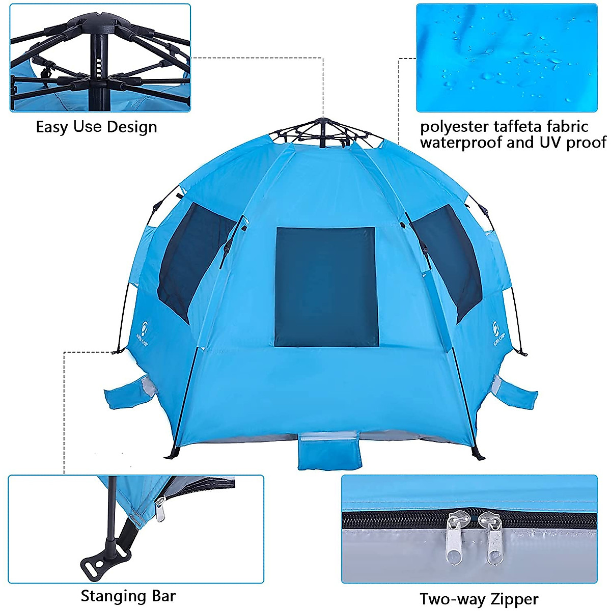 ALPHA CAMP Instant Beach Sunshade Pop Up Sun Shelter Tent, UV Protection with 3 Ventilating Windows, Extended Zippered Porch Included