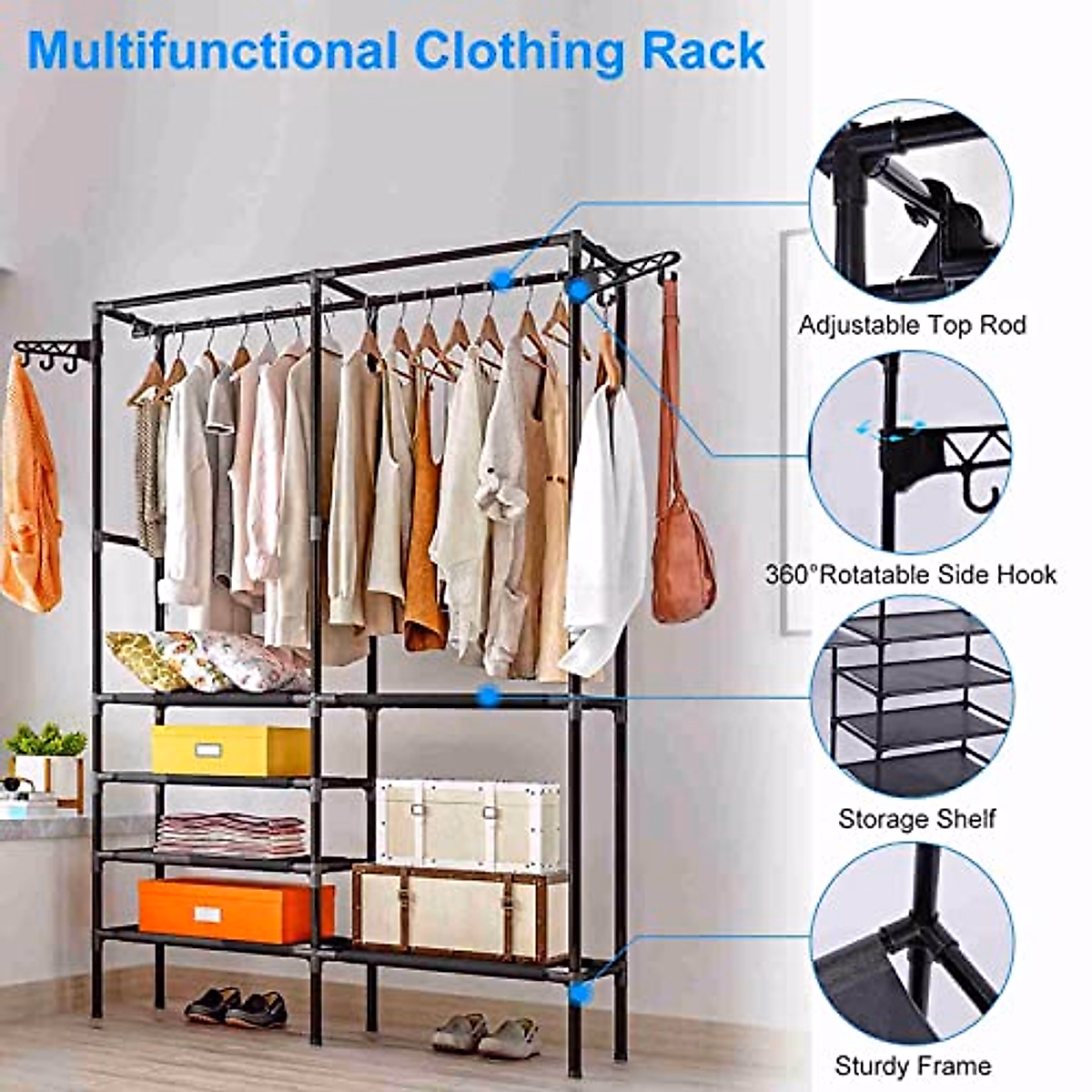 TeqHome Garment Rack, 42'' Freestanding Clothes Rack Shoe Clothing Organizer Shelves, Multifunctional Clothes Wardrobe with 4 Hooks & 2 Hanging Rods, Coated Iron Frame, Easy Assembly, Max Load 350lbs