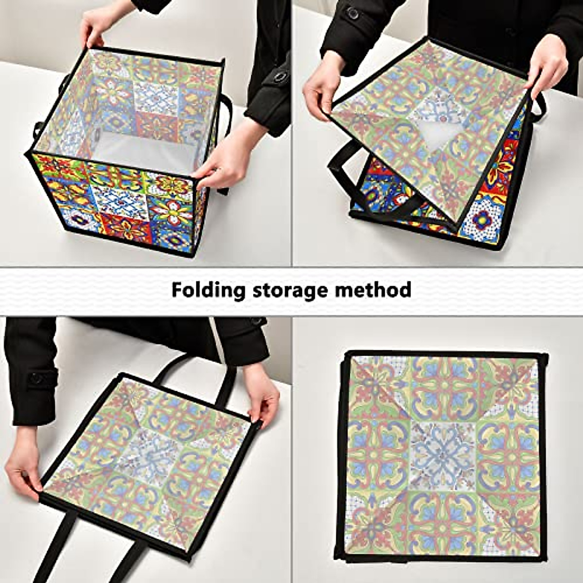 Kigai Mexican Talavera Cube Storage Bins, 13x13x13inch Collapsible Fabric Storage Cubes Organizer with Handles Decorative Storage Baskets for Home, Shelf, Closet