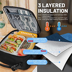 Insulated Lunch Bag for Teen Boys Girls, Women Men Lunch Box, Adults Lunch Bag Leakproof Portable with Removable Shoulder Strap for Office Camping Hiking Outdoor Beach Picnic-Black Gray