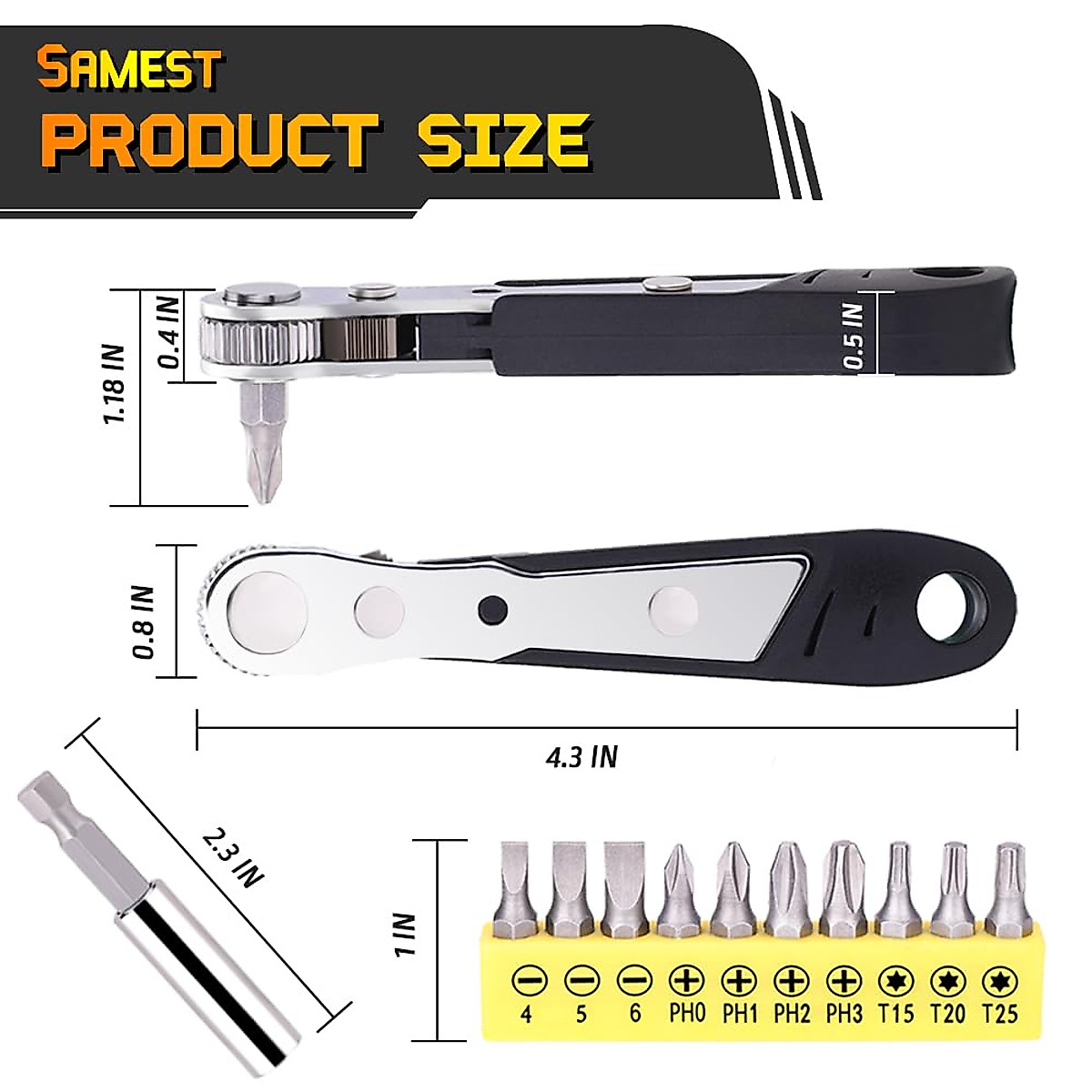 Samest 1/4” Mini Ratchet Set 12 Pieces Ratchet Screwdriver Set, 36-Tooth Reversible Premium Right Angle Ratchet, 90 Degree High Torque Mini Offset Reversible Drive Handle