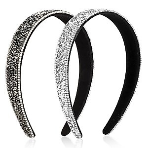 Wecoe 2 Pack Rhinestone Headbands Women Black Silver Headband Wide Headbands For Women Non Slip Fashion Bling Sparkly Diamond Holiday Headband Birthday Wedding Bridal Hair Accessories For Women Girls