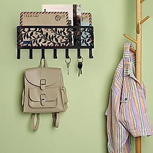 WYTAOHZL Key Holder for Wall Mail and Key Holder for Wall with 7 Key Hooks 11X4.6X2Inches Eucalyptus Design Mail Organizer Wall Mount Key Holder Black Metal Key Hooks Key Hangers for Home Decorative