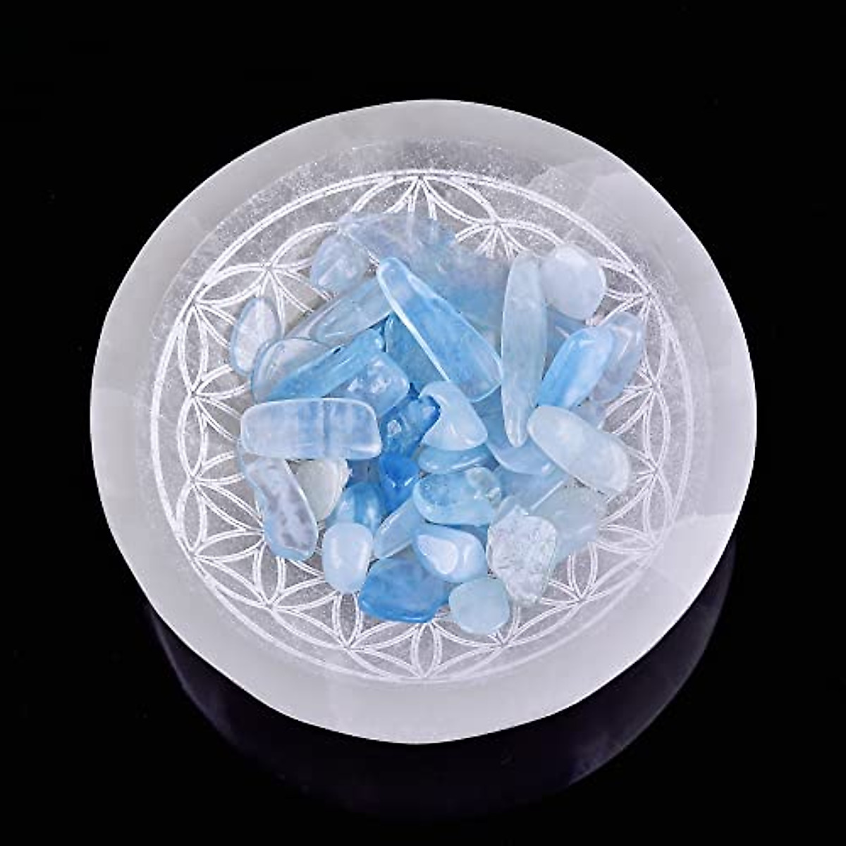 CNYANFEI 4” Flower of Life Etched Selenite Bowl for Charging Selenite Tray Natural Crystal Holder Bowl White Satin Spar Crystal Decorative Stone Bowl for Jewelry Storage Gemstone Altar Decor