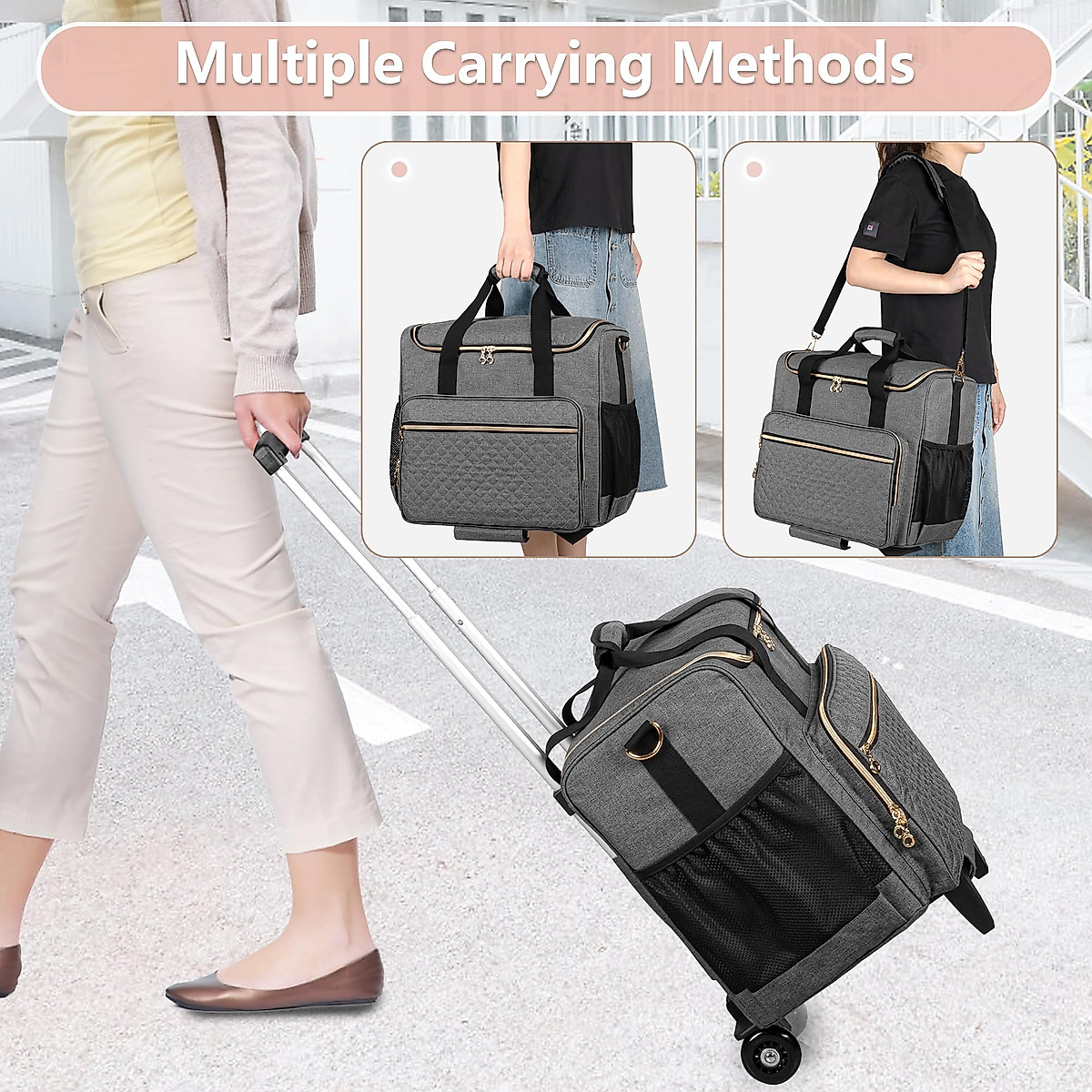 LUXJA Rolling Craft Bag with Pockets for 12 x 12 inch Scrapbook Album and Laptop, Rolling Scrapbook Tote with Detachable Dolly (Patent Pending), Gray