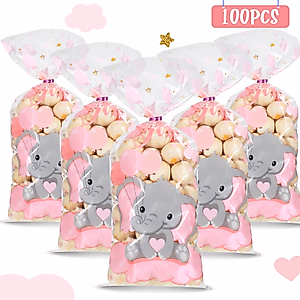 100 Pieces Baby Shower Cellophane Treat Bags Cute Candy Bags Baby Shower Favors Gender Reveal Plastic Goodie Storage Bags with 100 Twist Ties for Baby Shower Birthday Party Supplies (Pink)