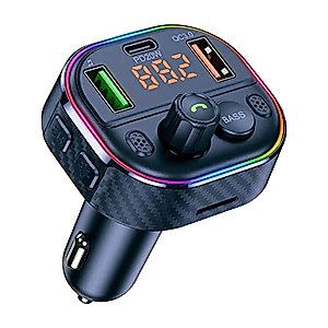 Bluetooth 5.1 FM Transmitter for Car, Bluetooth Car Adapter with PD20W+QC3.0 Car Radio Music Adapter, Supports Handsfree Call Siri Google Assistant, SD Card/U Disk, 7 Color LED Backlit, LED Voltmeter