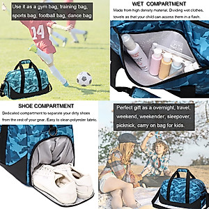 Boys Overnight Duffel Bags Sport Gym Bag Gymnastics Bag with Shoe Compartment, Carry-on Size Weekender Sleepovers Travel Duffel Bag for Boys (Blue Camo)